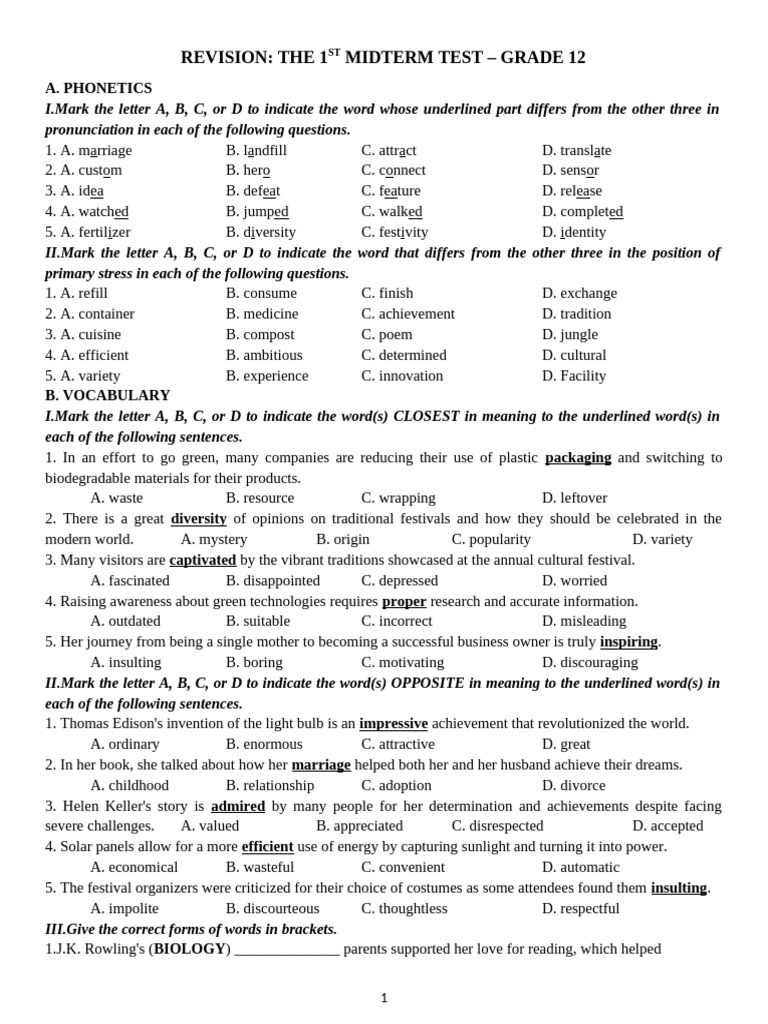 Revision - The 1ST Midterm Test - Grade 12 | PDF | Recycling ...