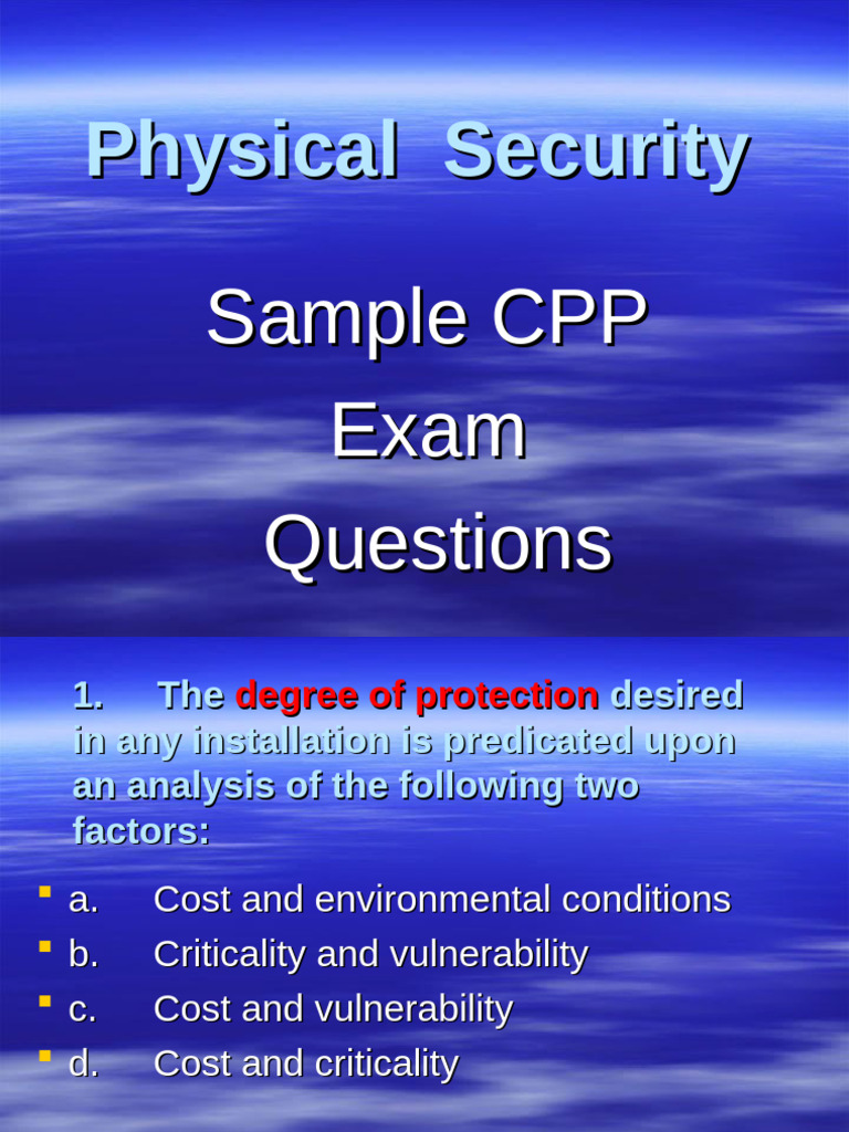 Physical Security - Sample CPP Exam Questions | PDF | Bank Vault | Glasses