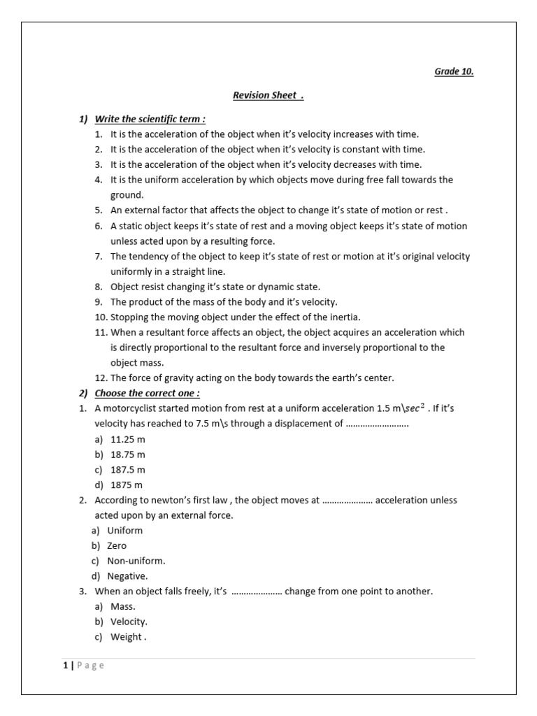 3064_Grade 10 Revision Sheet | PDF | Force | Acceleration