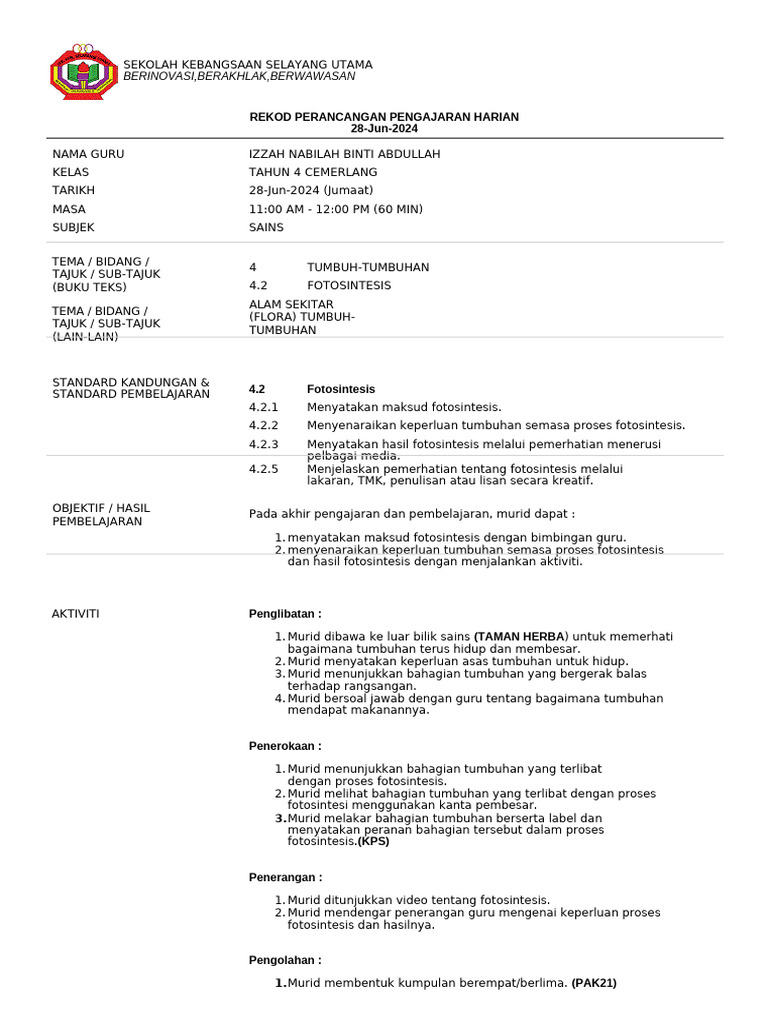 RPH Bertema 2024 - Izzah Nabilah | PDF