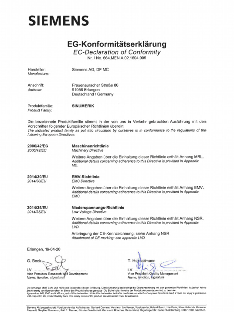 A5E37272792A EC-Declaration-SINUMERIK 664.MEN.A.02.1604.006 | PDF ...