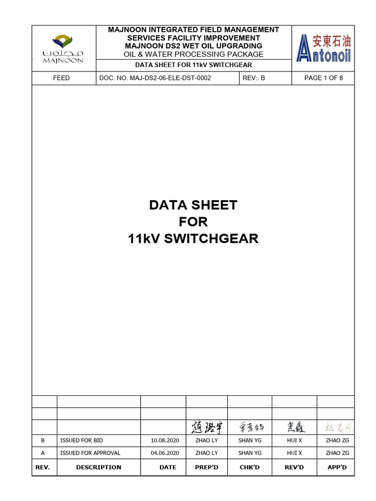 MAJ-DS2-06-ELE-DST-0002 - B Data Sheet For 11KV Switchgear | PDF ...