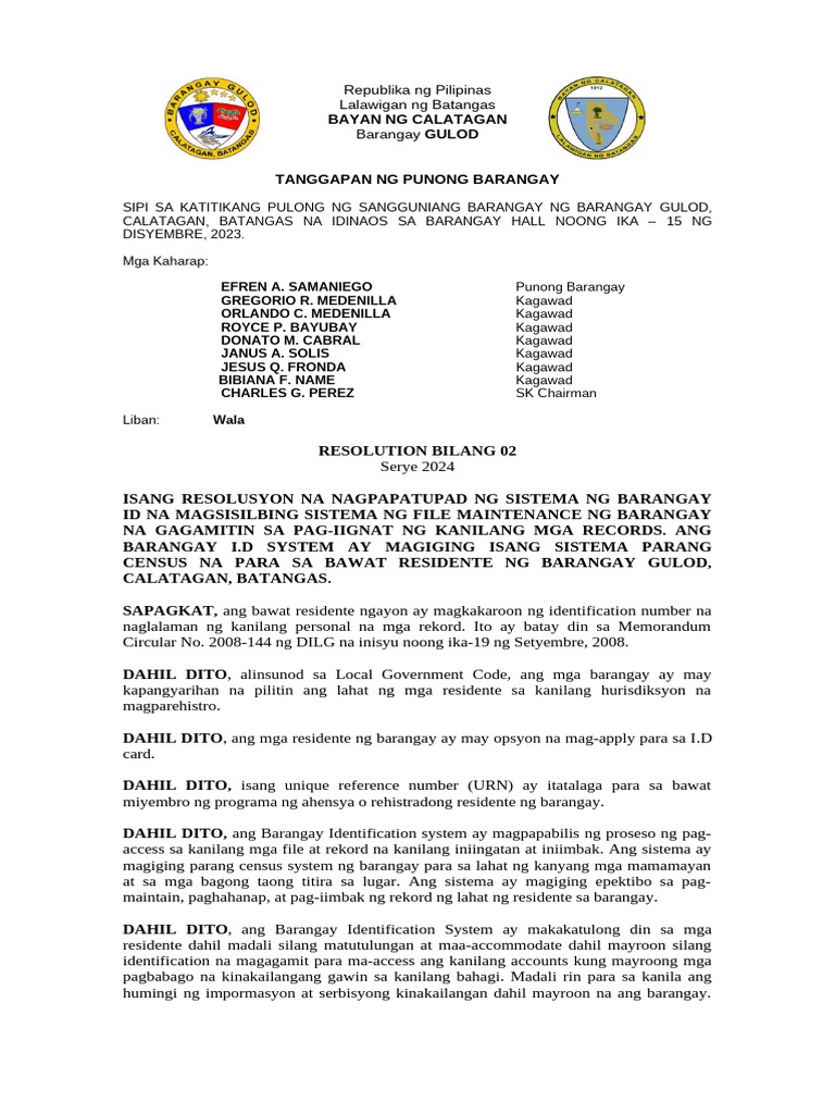 Resolusyon 2 Barangay I.D | PDF