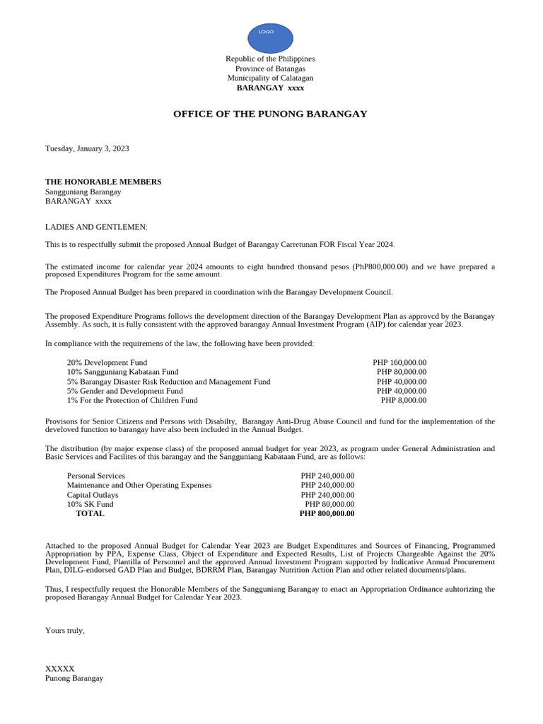 Proposed Barangay Annual Budget 2024 | PDF | Expense | Budget
