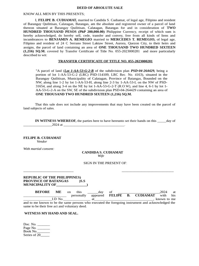 Deed of Absolute Sale - Batangas Land | PDF | Civil Law (Common Law ...