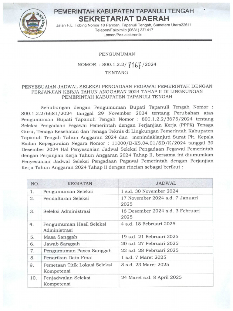 Penyesuaian Jadwal Seleksi PPPK Tahap II Tahun Anggaran 2024 | PDF
