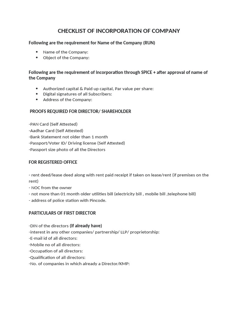 Checklist Incorporation | PDF