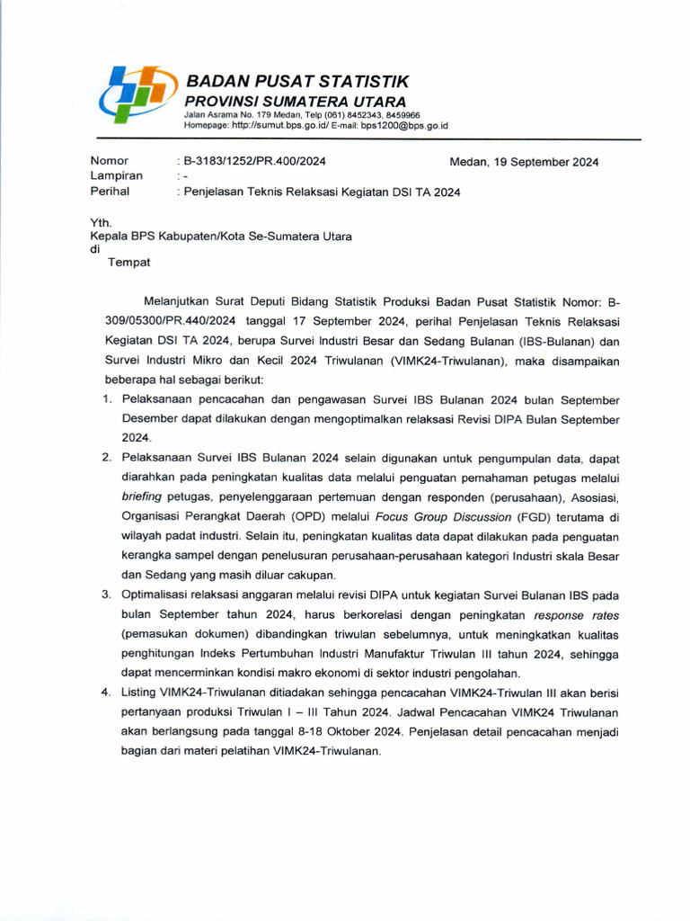 Surat Perihal Penjelasan Teknis Relaksasi Kegiatan DSI TA 2024 | PDF