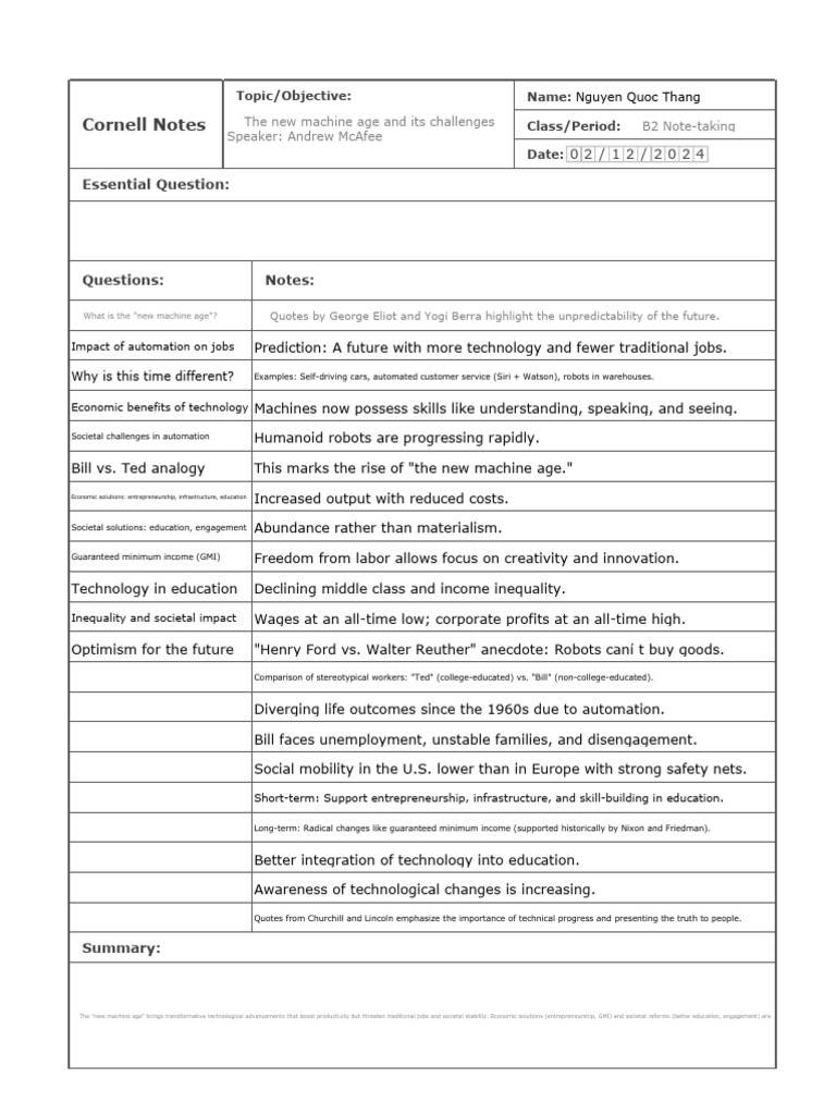 Cornell Notes Template | PDF | Automation | Economic Inequality