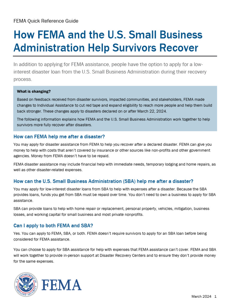 Fema Ia Quick Reference Fema Sba | PDF | Small Business Administration ...