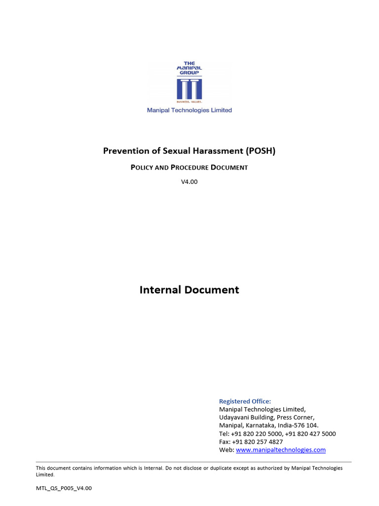 MTLQS - P005 - Prevention of Sexual Harassment (POSH) Policy | PDF | Sexual Harassment | Harassment