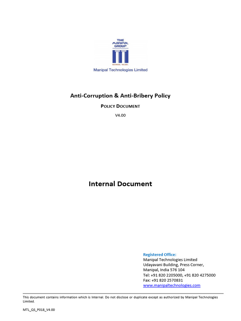 MTLQS - P018 - Anti-Corruption & Anti-Bribery Policy | PDF | Bribery | Corruption