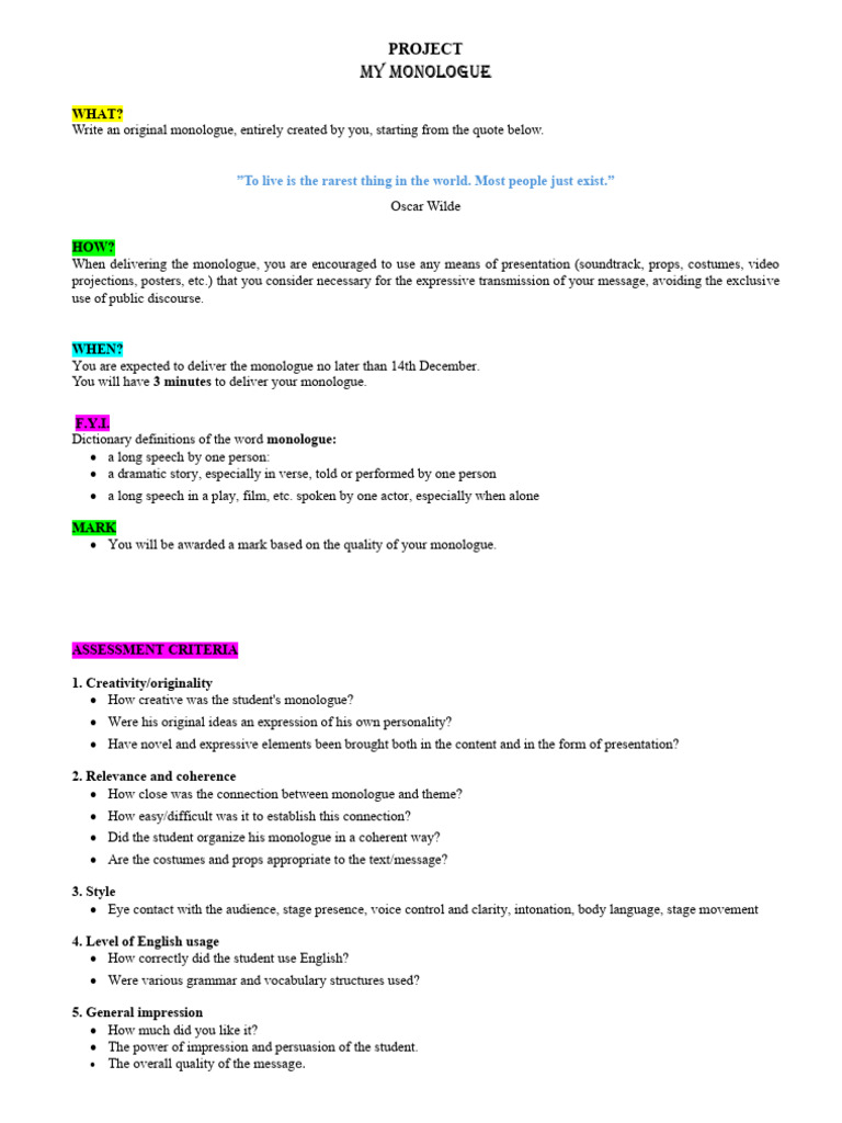 PROJECT My Monologue 2024-2025 | PDF | Monologue | English Language