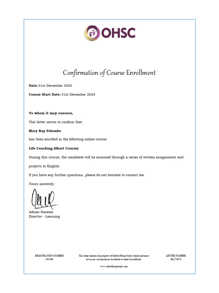 Life Coaching Course Enrollment Confirmation | PDF