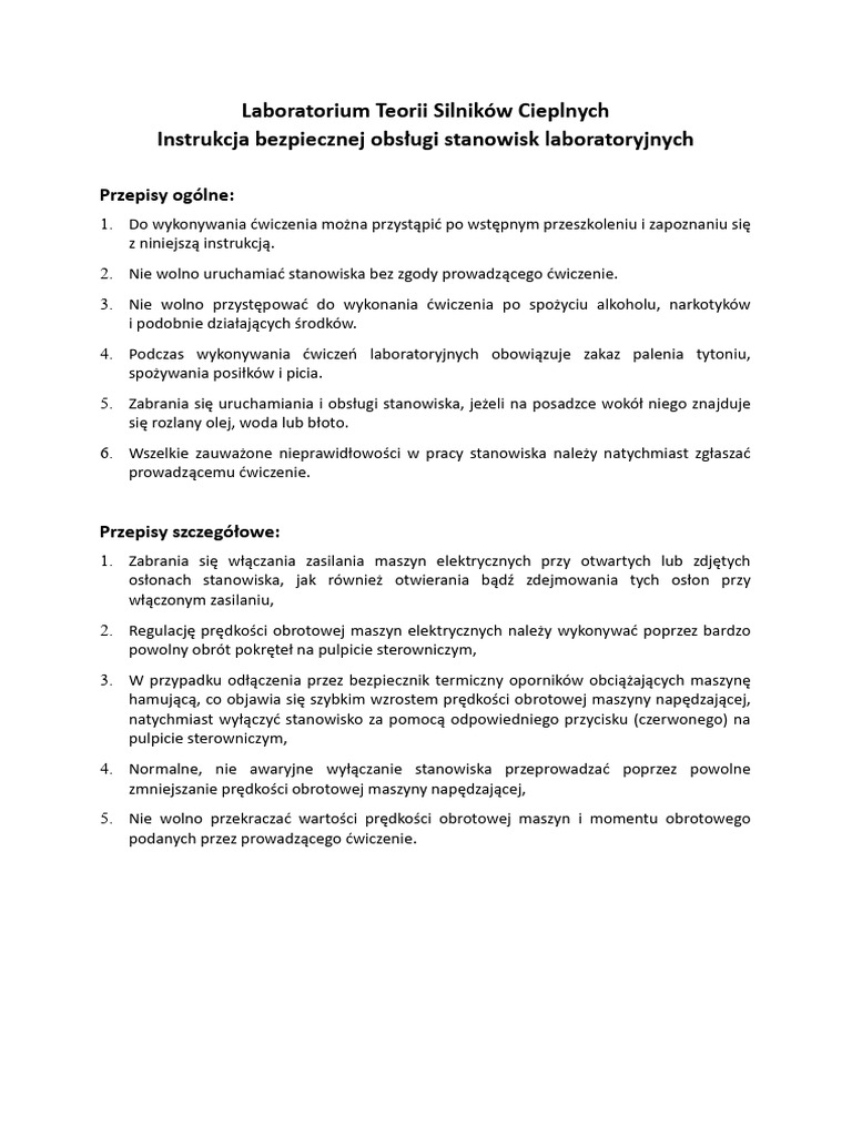 Instrukcja Bezpiecznej Obsługi Stanowisk Laboratoryjnych (BHP) - Lab. TSC 2024 | PDF