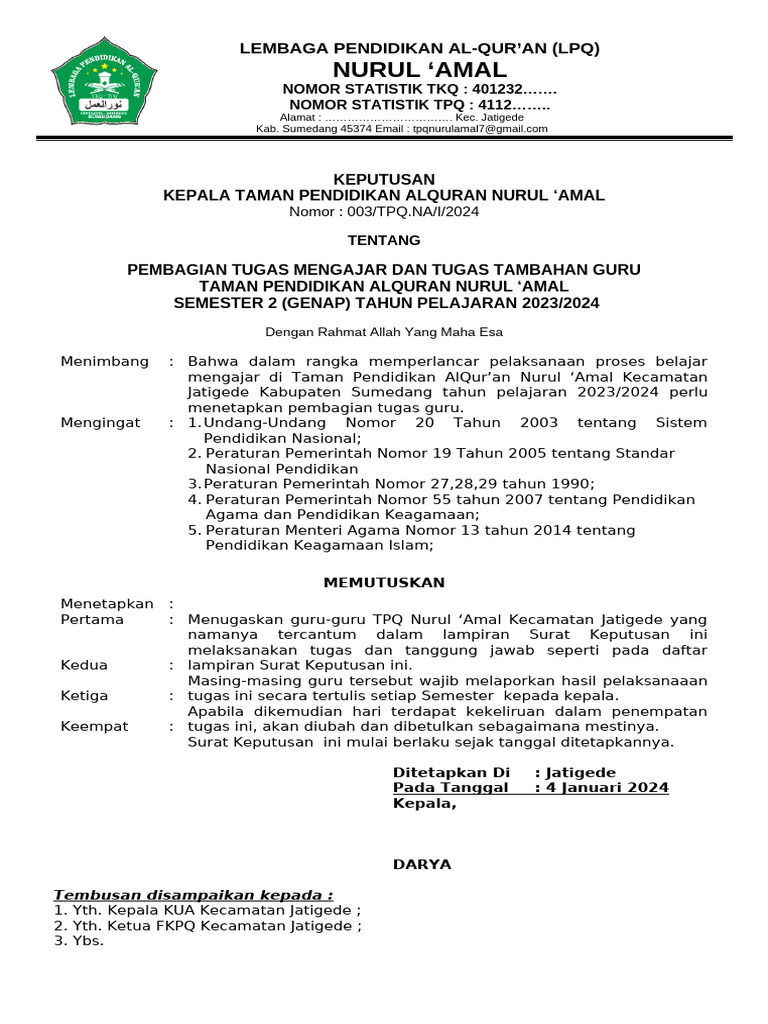 Contoh SK Pembagian Tugas Mengajar TPQ | PDF