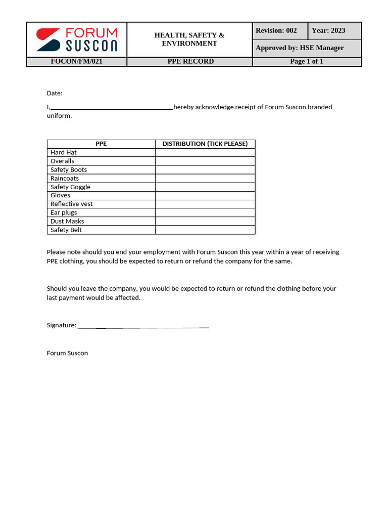 FM - Ppe Issue Record | PDF