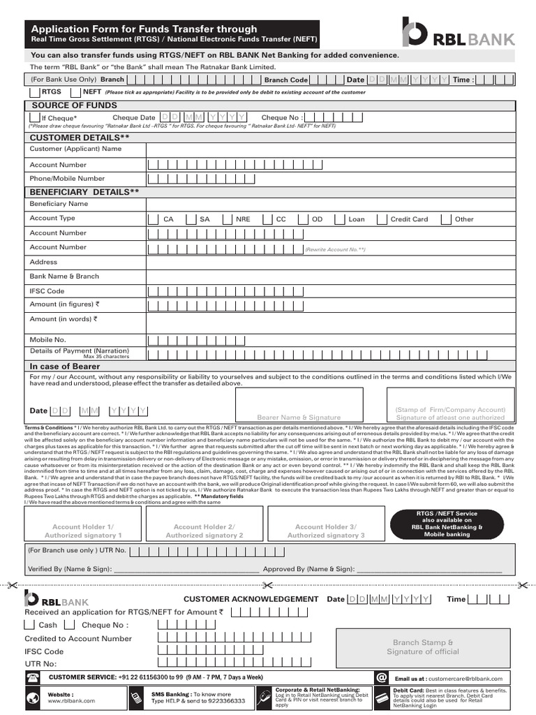 RTGS NEFT Application | PDF | Cheque | Banks