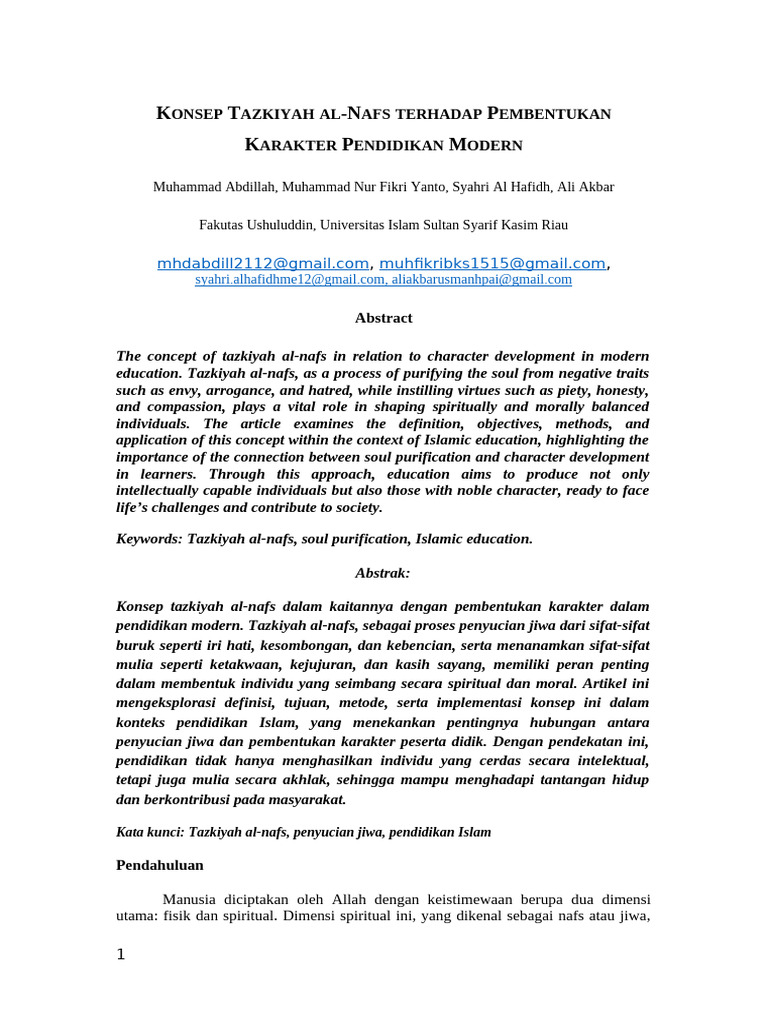 Konsep Tazkiyah Al-nafs Terhadap Pembentukan Karakter Pendidikan Modern ...