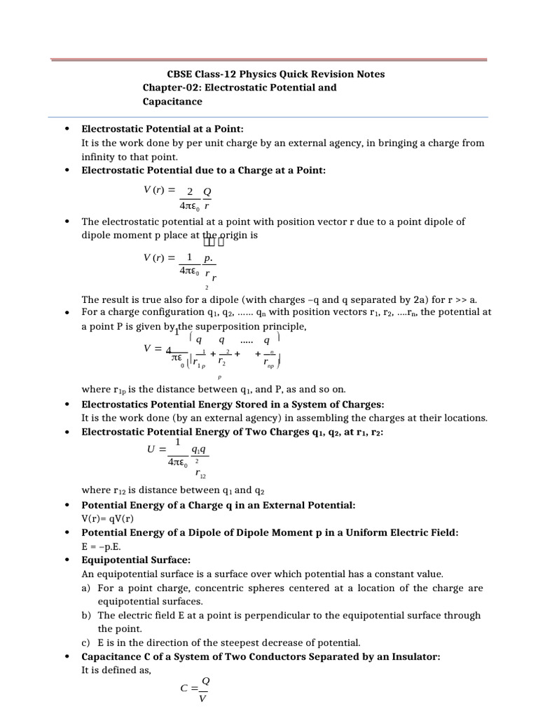 12 Physics Notes ch02 Electrostatic Potential and Capacitance | PDF ...