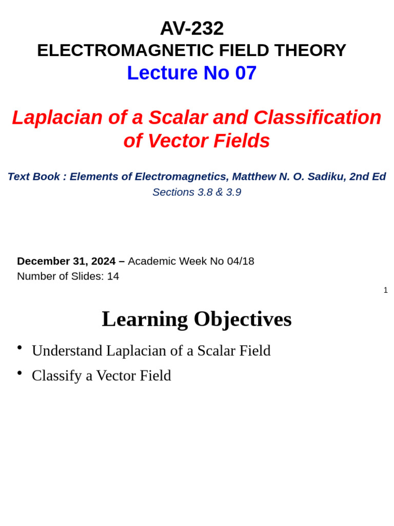 AV-232 - L7 - Laplacian of A Scalar & Classification of Vector Fields | PDF | Multivariable ...