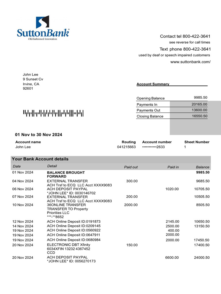 Statement Sutton Bank November 2024 | PDF | Banking | Financial Services