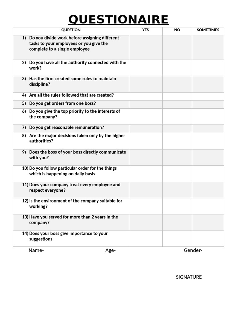 Questionaire BST Class 12 Project | PDF
