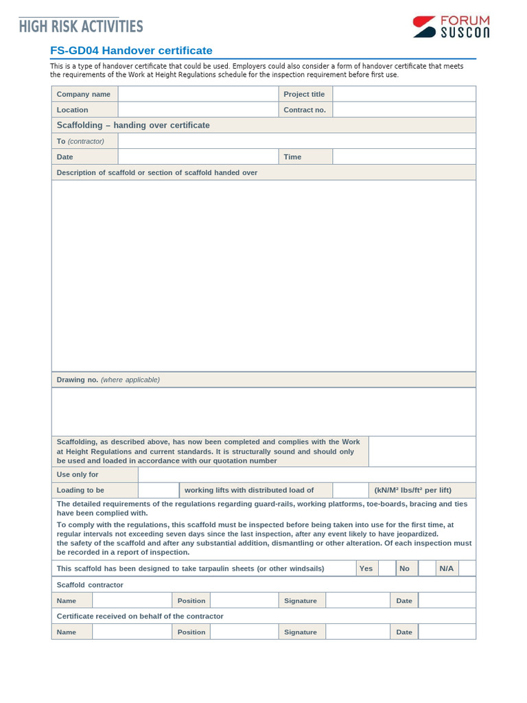 Scaffold Handover Certificate Template | PDF