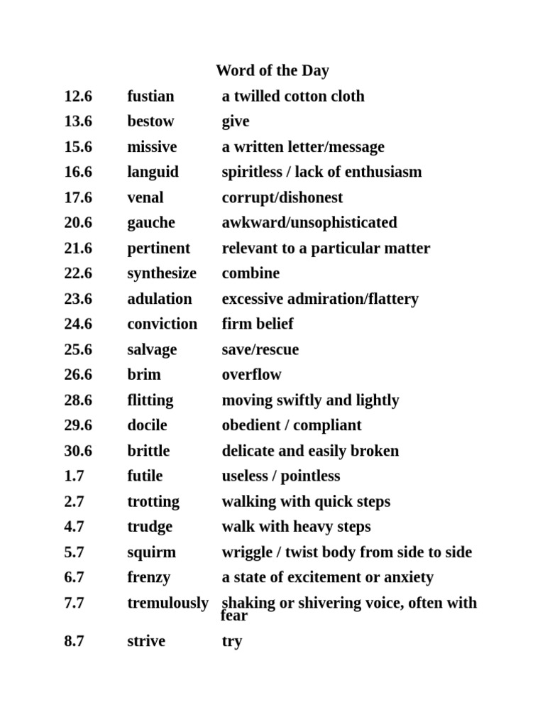 Daily Vocabulary Words and Definitions | PDF