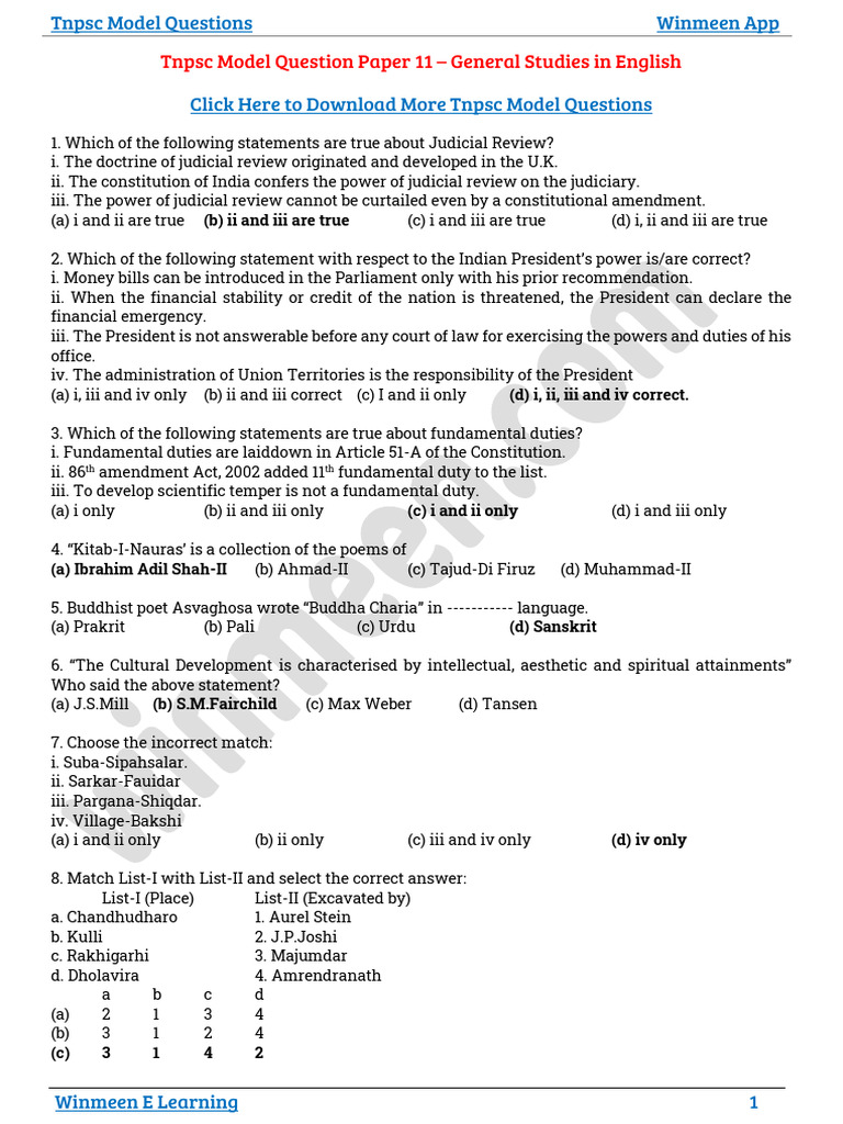 TNPSC Exam Prep: Model Questions | PDF