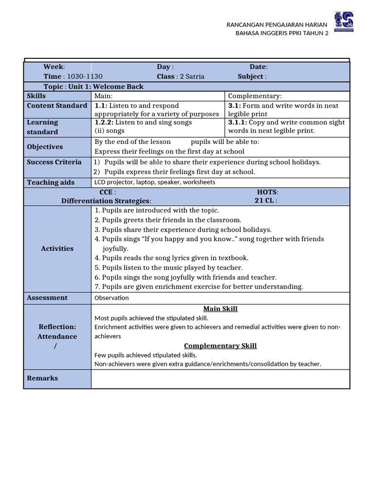 Rph Dan Rpt Sow - Program Pendidikan Khas Integrasi Bahasa Inggeris Tahun 2 Ts251 | PDF | Lesson ...