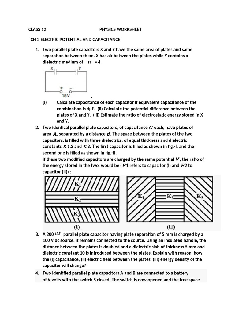 Capacitance and Electric Potential Worksheet | PDF | Capacitor ...