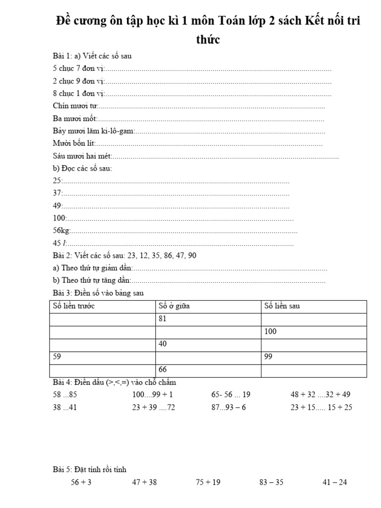 De Cuong On Tap Hoc Ki 1 Mon Toan Tieng Viet Lop 2 | PDF