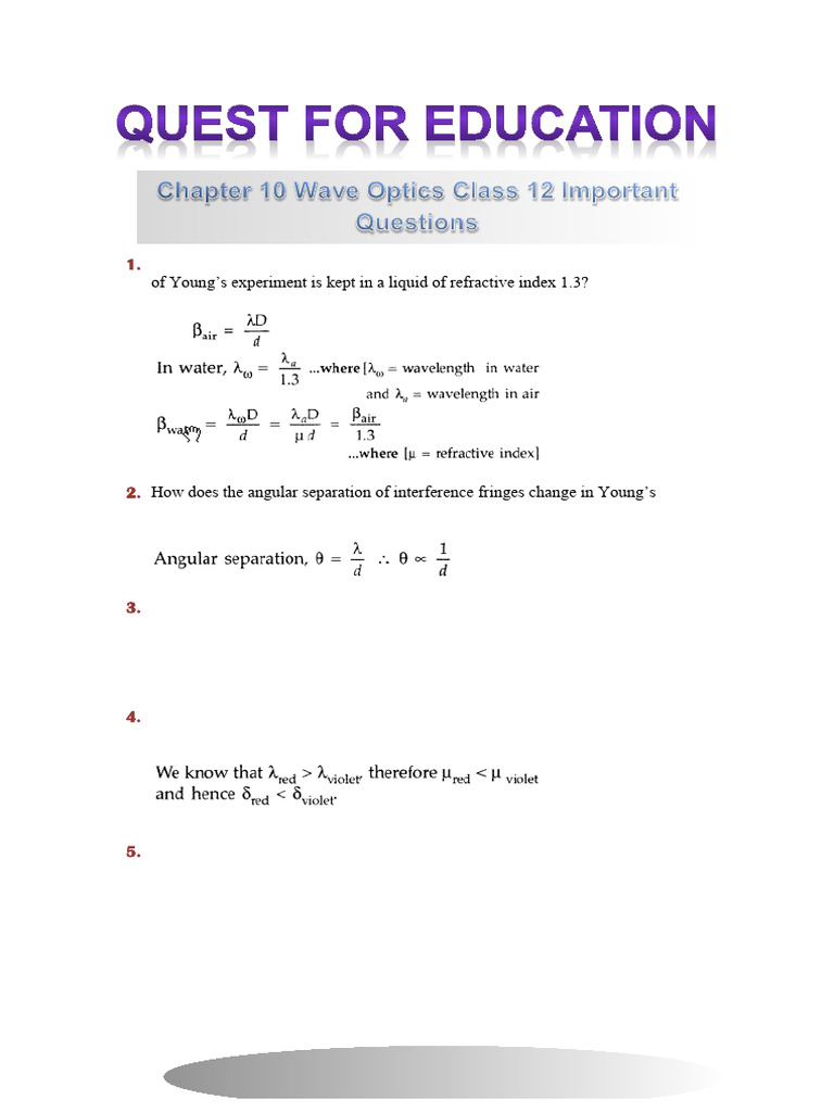 Chapter 10 Wave Optics Class 12 Important Questions | PDF | Diffraction | Polarization (Waves)
