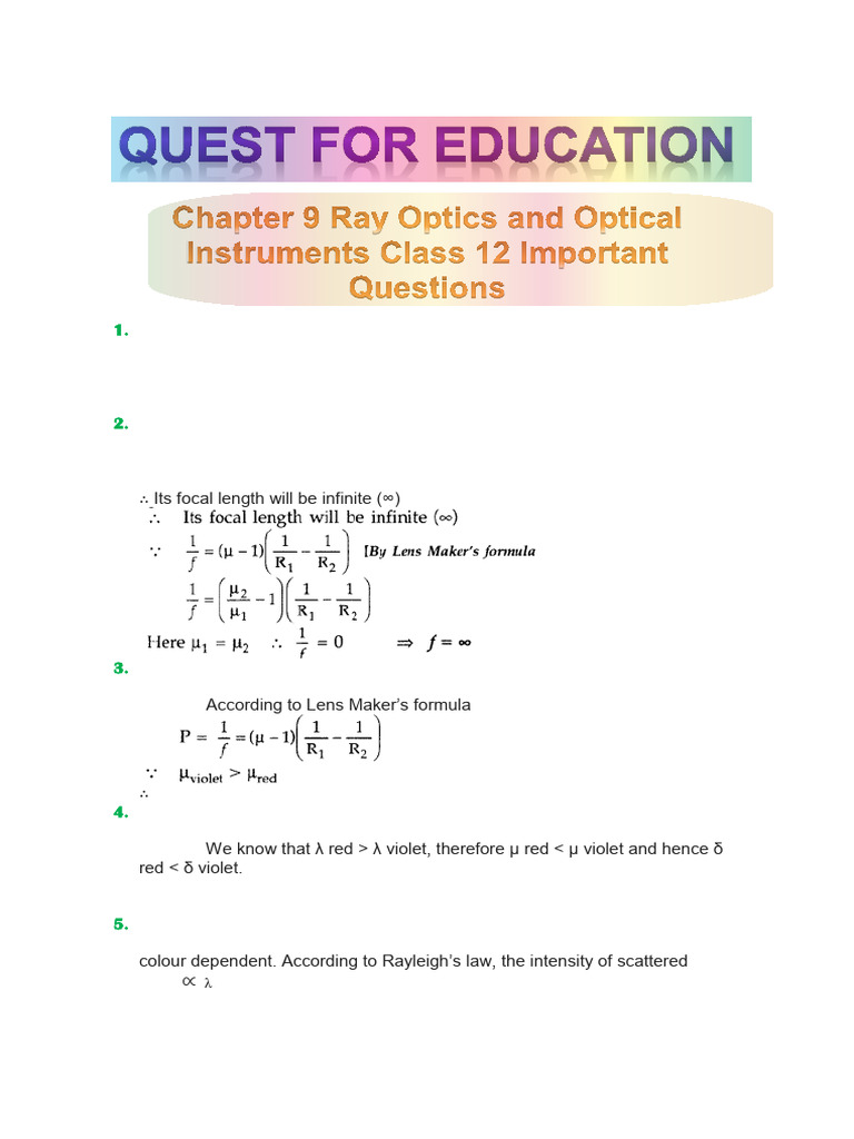 Chapter 9 Ray Optics and Optical Instruments Class 12 Important ...