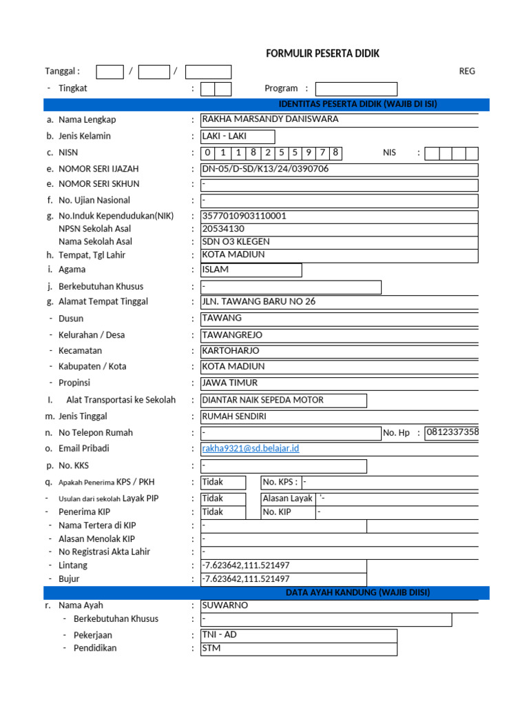 Formulir Dapodik Kels 7 | PDF