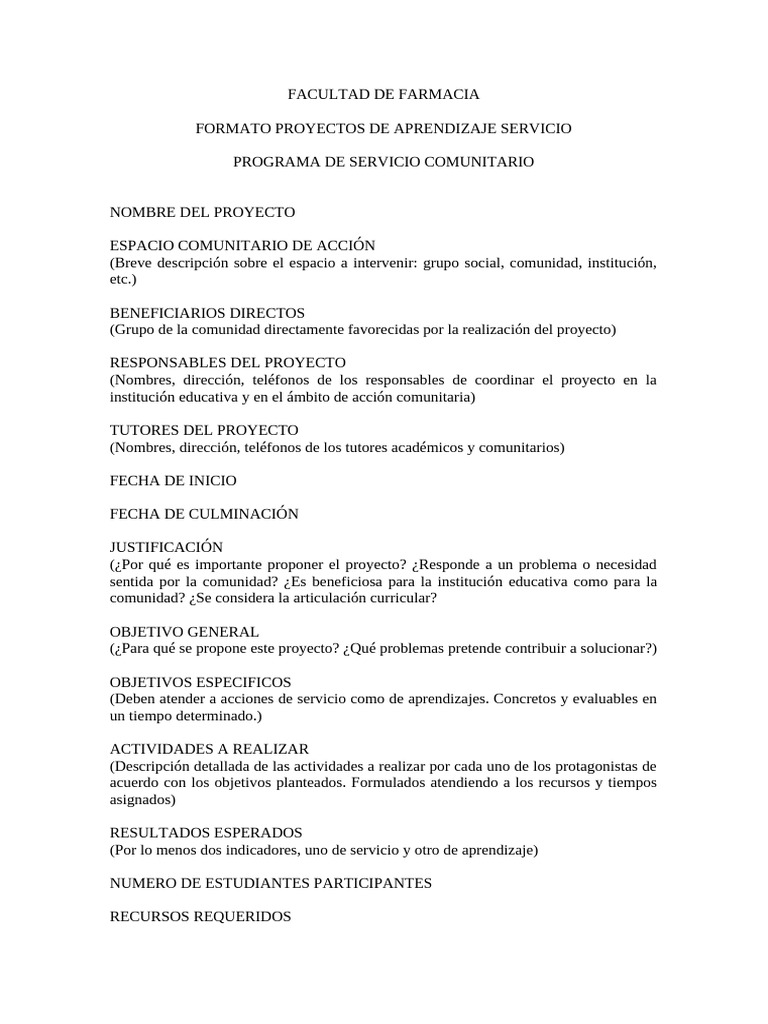 Formato Proyecto Servicio Comunitario | PDF