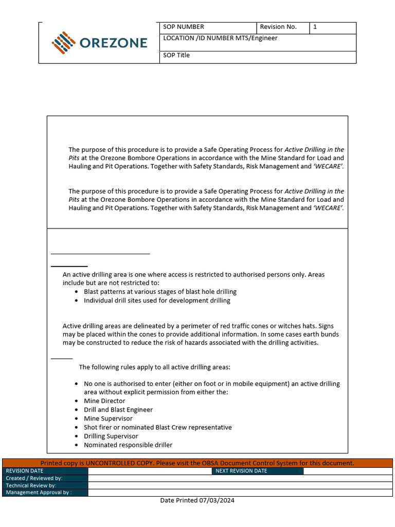Standard Operating Procedure - OBSA Blast Hole Drilling Activities | PDF | Drill | Pipe (Fluid ...