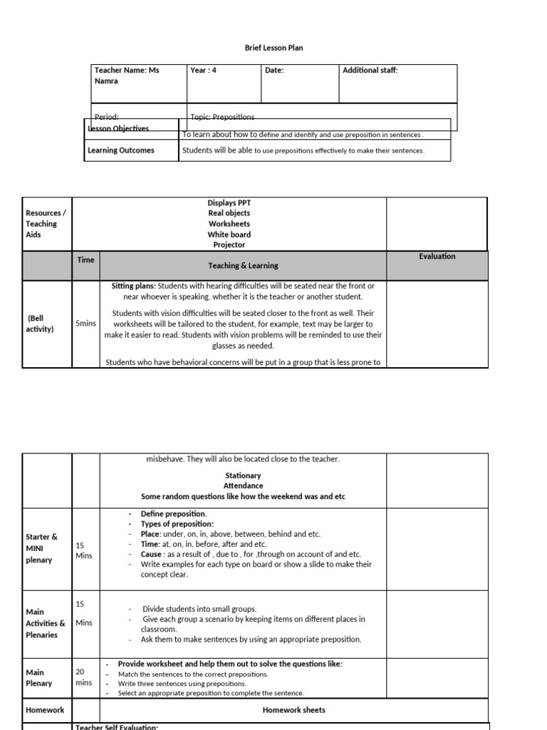 Lesson plan-1- prepositions | PDF | Teachers | Lesson Plan Lesson plan-1- prepositions | PDF | Teachers | Lesson Plan