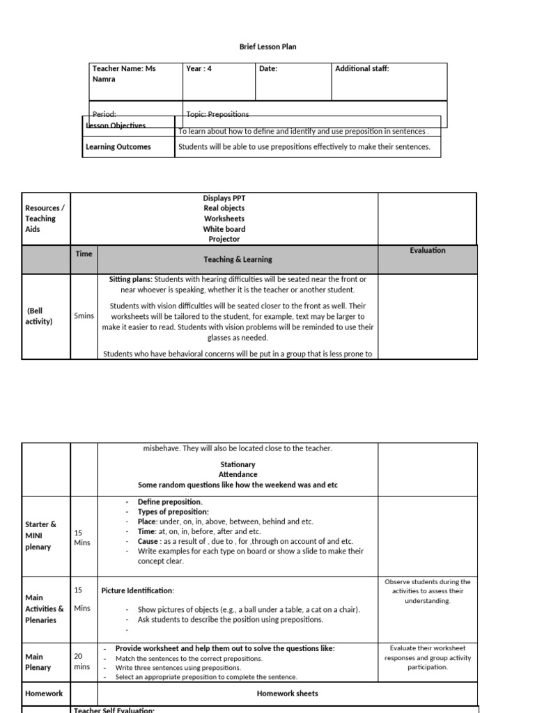 Prepositions Lesson Plan for Year 4 | PDF | Lesson Plan | Teachers