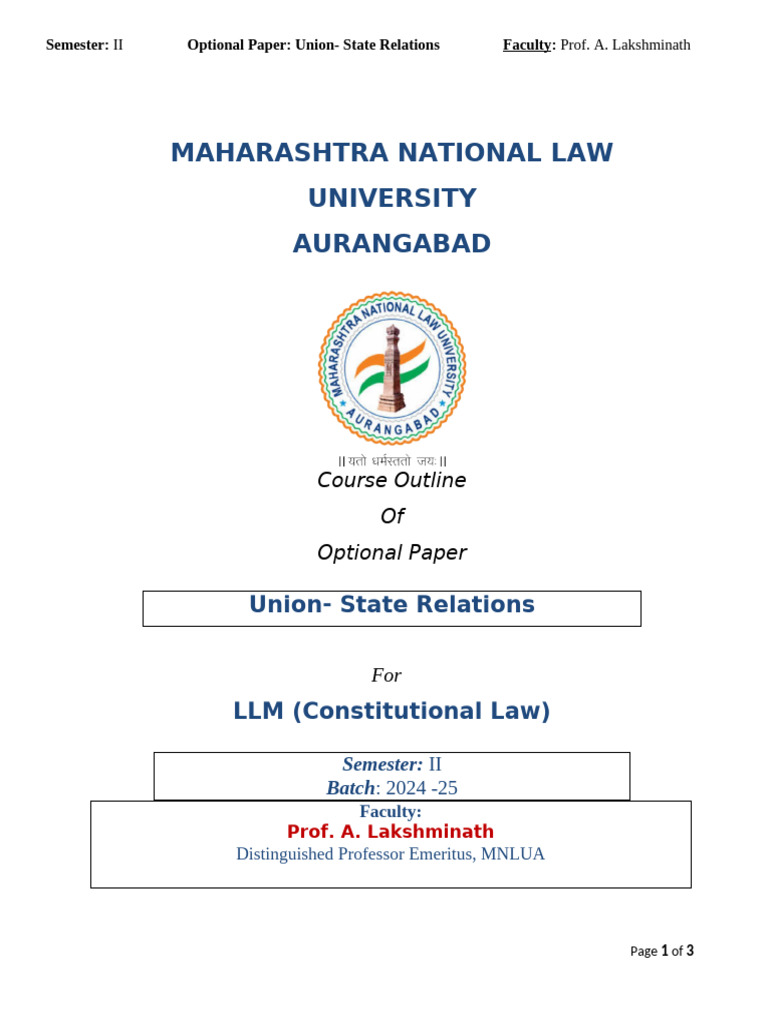 LLM Union-State Relations Syllabus | PDF | Separation Of Powers ...