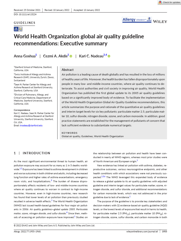 Allergy 2022 Goshua - World Health Organization Global Air Quality ...