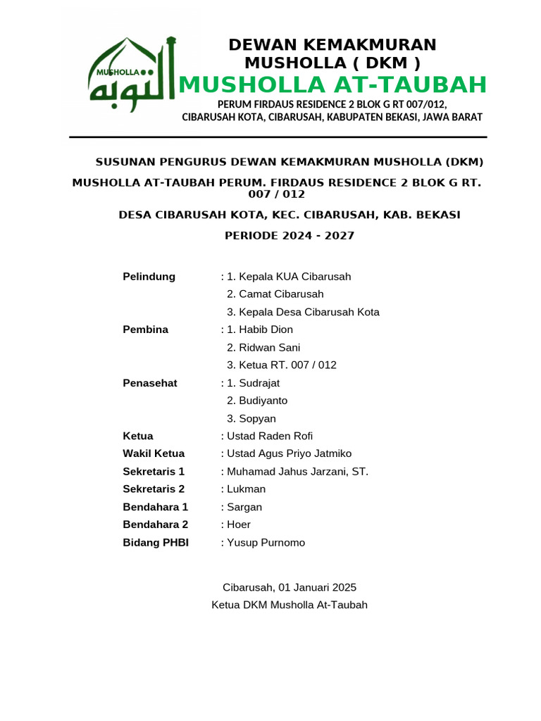 Susunan Pengurus Dkm Musholla at Taubah | PDF