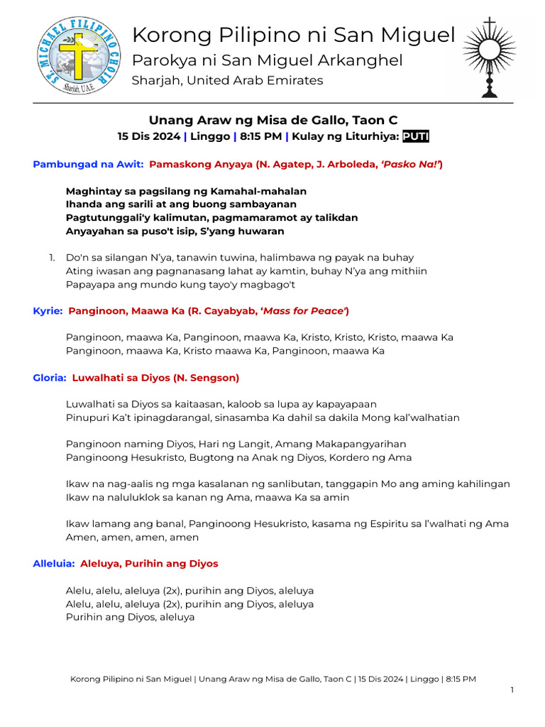 2024-12-15 Unang Araw ng Misa de Gallo, Taon C (Tagalog) | PDF