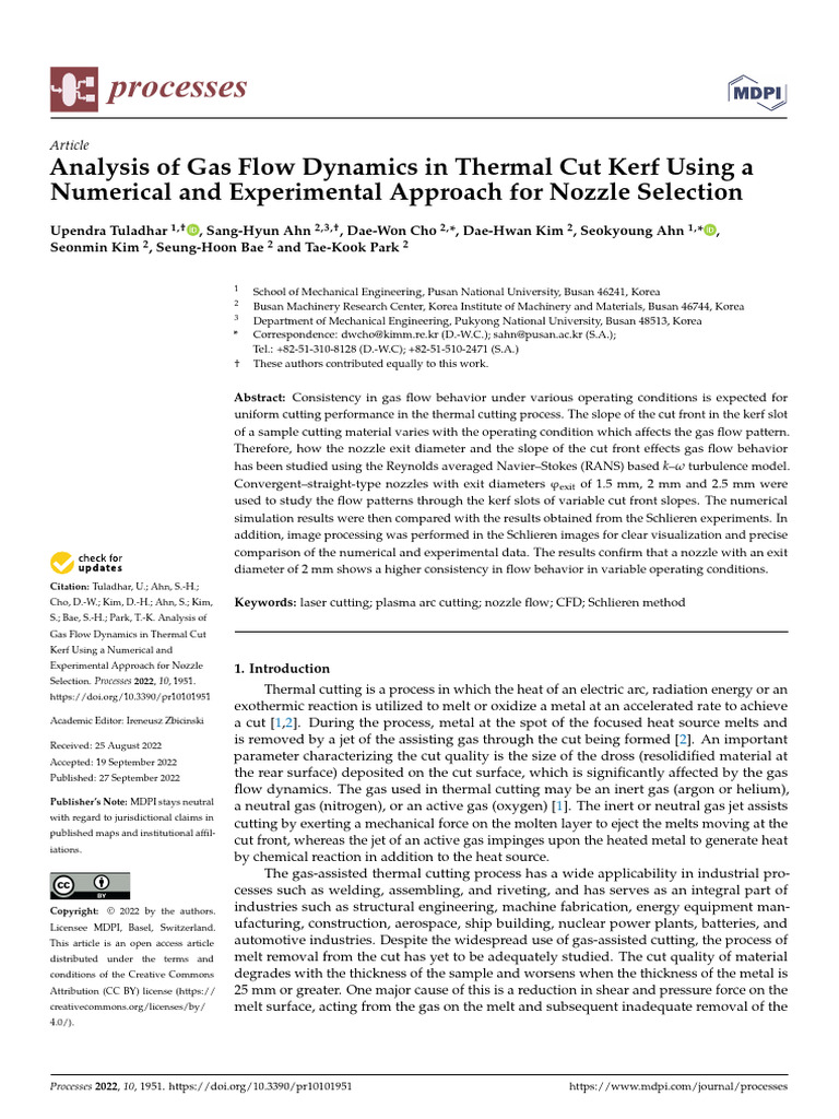 Analysis of Gas Flow Dynamics in Thermal Cut Kerf Using a Numerical and ... Analysis of Gas Flow Dynamics in Thermal Cut Kerf Using a Numerical and ...