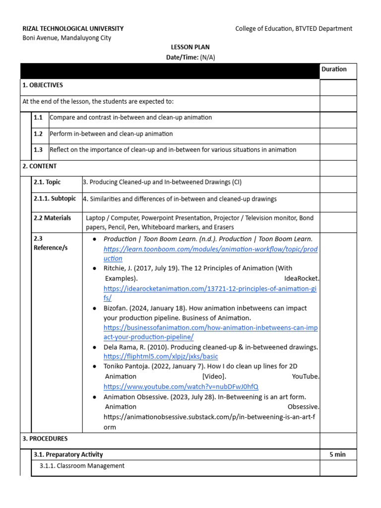 Animation Lesson Plan Sample | PDF | Drawing | Animation