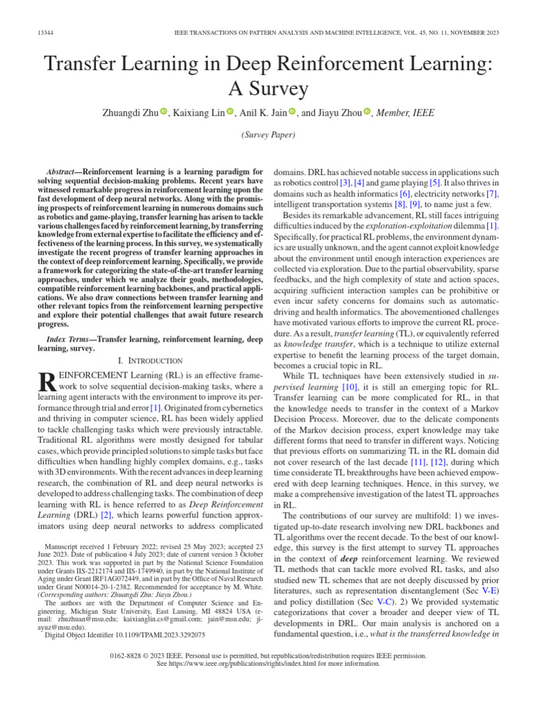 Transfer Learning in Deep Reinforcement Learning a Survey | PDF | Learning | Behavior Modification
