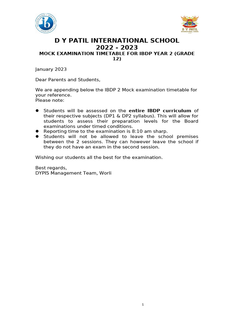 IBDP Year 2 Mock Exam Timetable 2023 | PDF | Student Assessment And ...