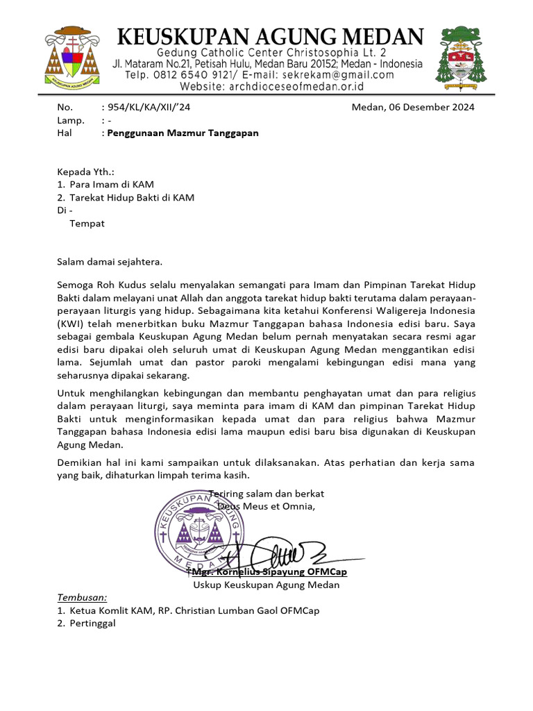 954 Surat kepada para Imam dan Tarekat Hidup Bakti di KAM hal ...