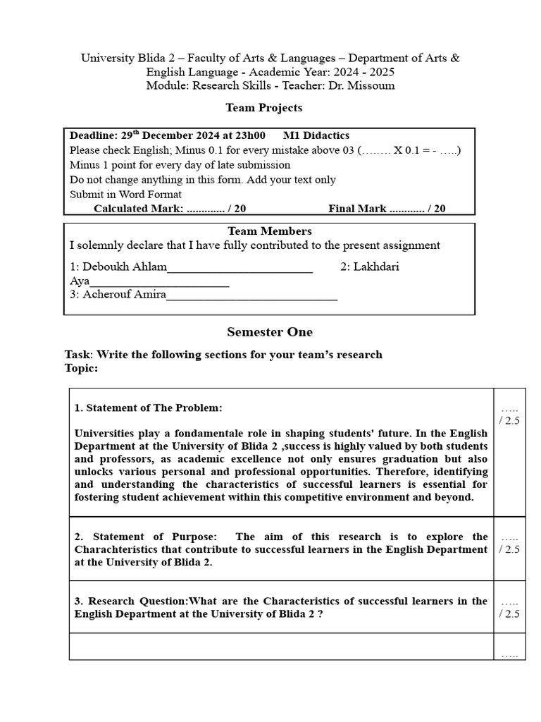 Research Skills Course Team Research Project Form M1 S1 2024 25 S | PDF ...